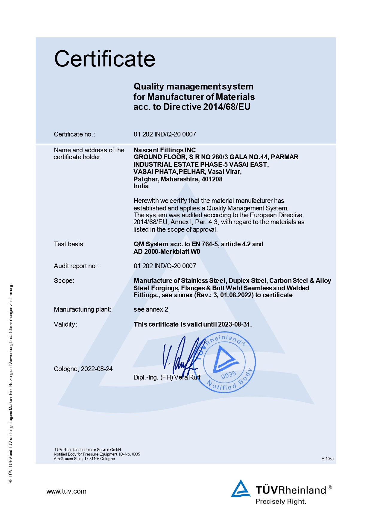 PED Approved Steel Tube Fittings, Flanges Manufacturer - Nascent Fittings